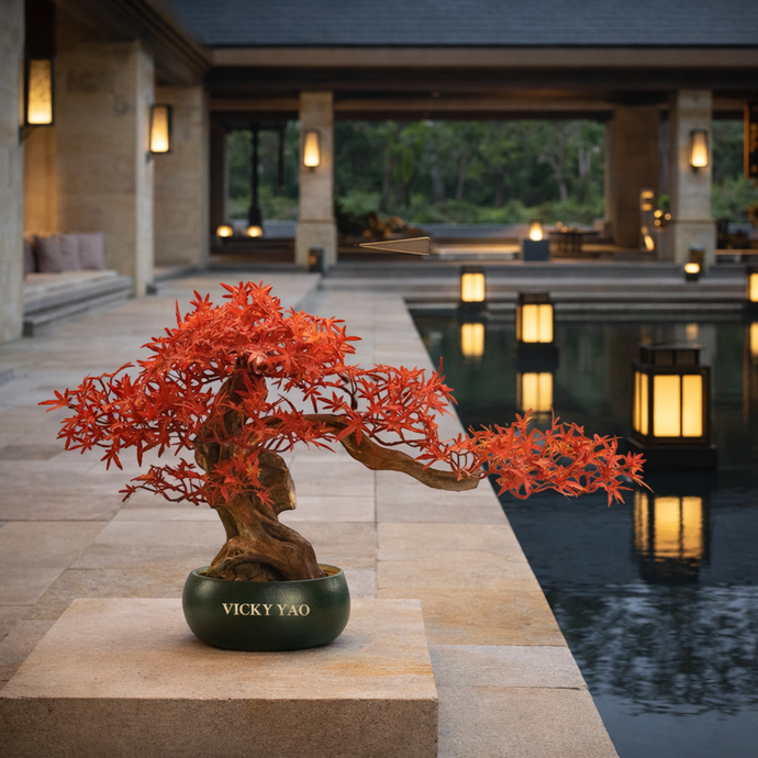 VICKY YAO Faux Plant - Realistic Japanese Red Maple Bonsai Art L55xH38cm